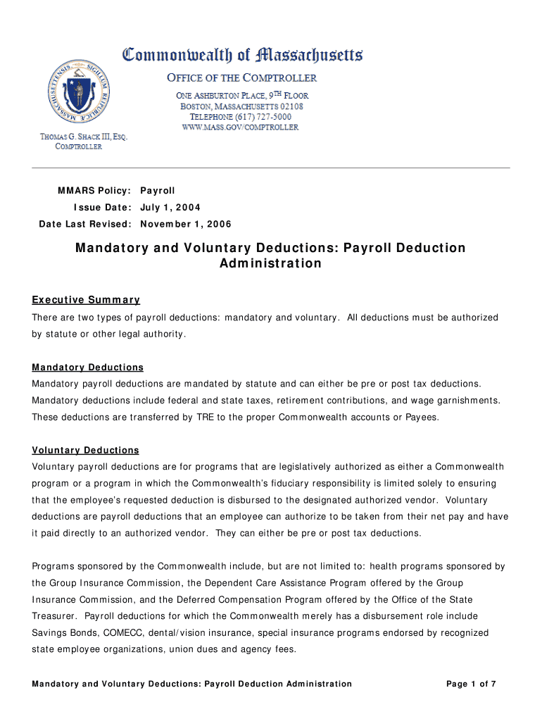 Fillable Online Mandatory and Voluntary Deductions: Payroll Deduction ...