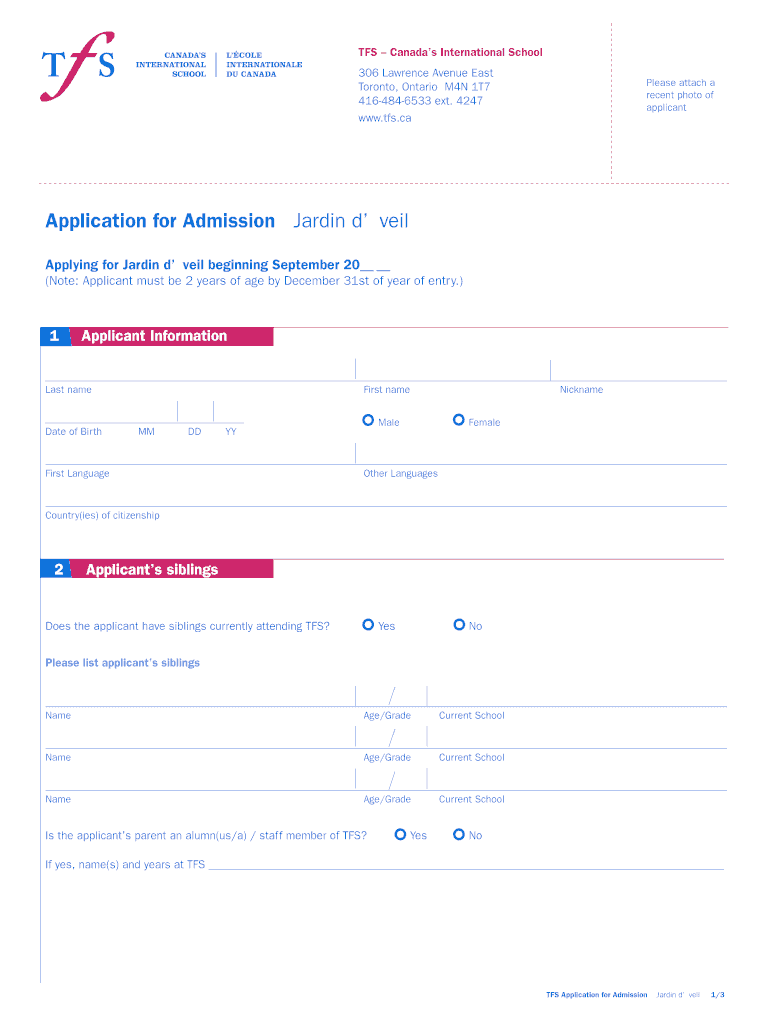 Fillable Online tfs Application for Admission Jardin dveil - tfsca Fax Email Print - pdfFiller