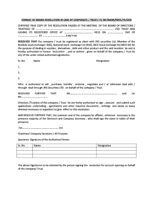 Fillable Online FORMAT OF BOARD RESOLUTION IN CASE OF CORPORATE / TRUST ...