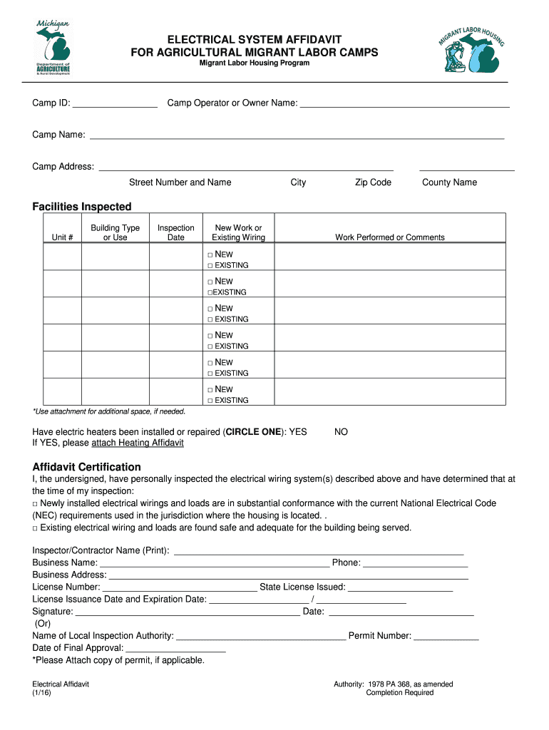 Fillable Online mi Electrical Affidavit for Agricultural Labor Camps ...