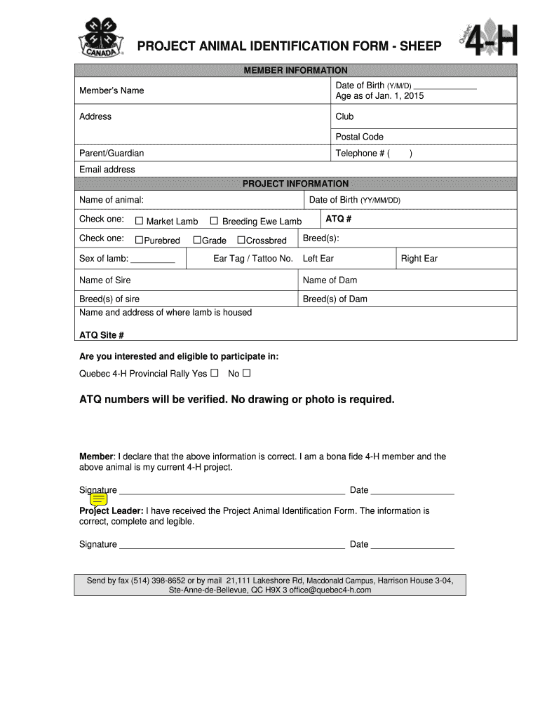 Fillable Online PROJECT ANIMAL IDENTIFICATION FORM SHEEP MEMBER ...