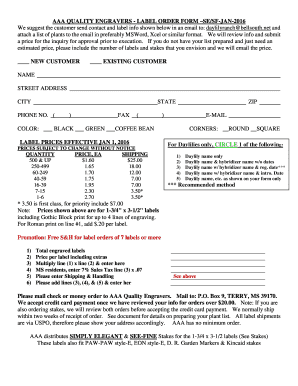 Fillable Online AAA QUALITY ENGRAVERS - LABEL ORDER FORM SESF Fax Email ...
