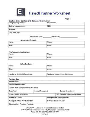 Fillable Online ecomp Payroll Partner Worksheet - E-COMP Workers039 ...