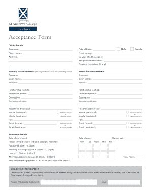 Fillable Online stac school Acceptance Form - St Andrews College ...
