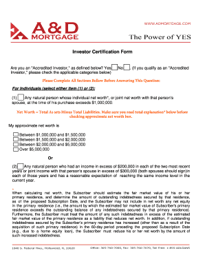 Fillable Online Investor Certification Form - admortgagecom Fax Email ...