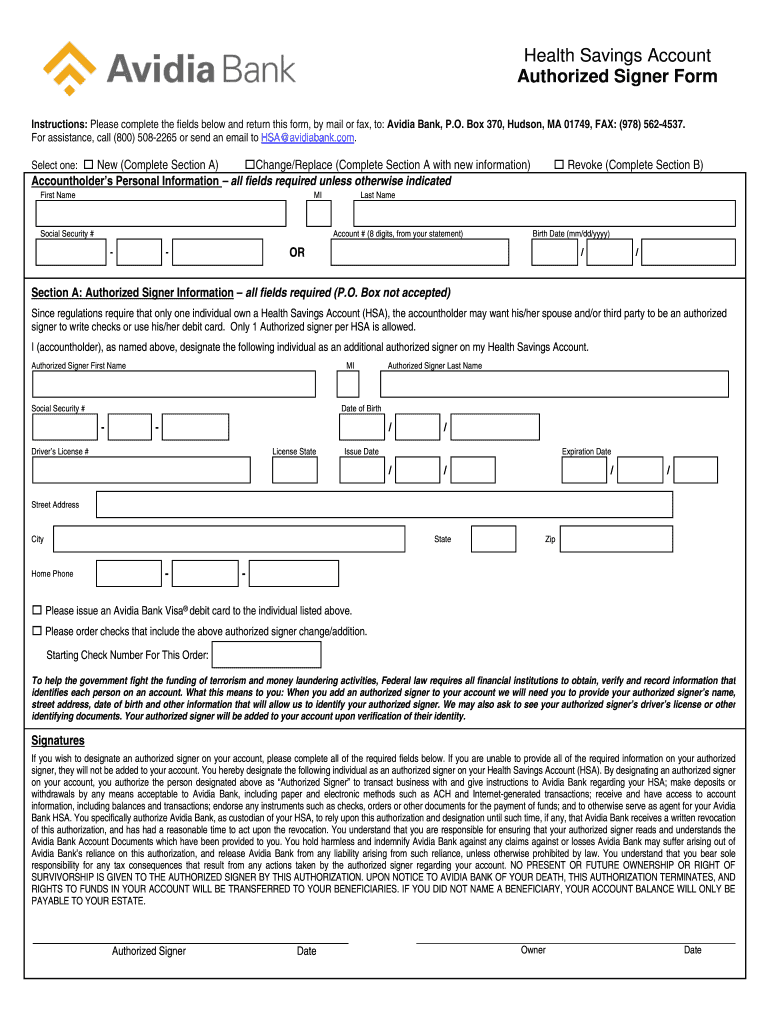 Fillable Online Health Savings Account Authorized Signer Form - Avidia ...