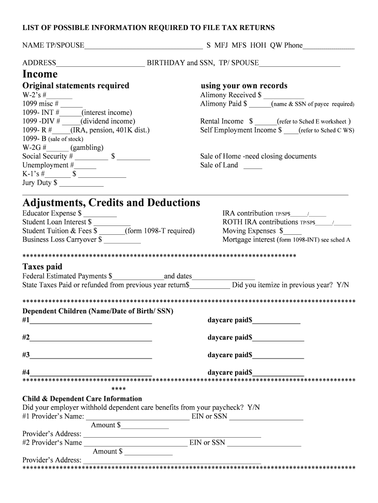 Fillable Online taxpayer document listdocx Fax Email Print - pdfFiller
