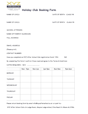 Fillable Online abcxyzclubs Holiday Club Booking Form blank ...