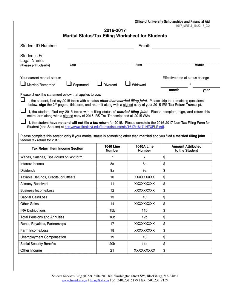 Fillable Online finaid vt 2016-2017 Marital StatusbTaxb Filing ...