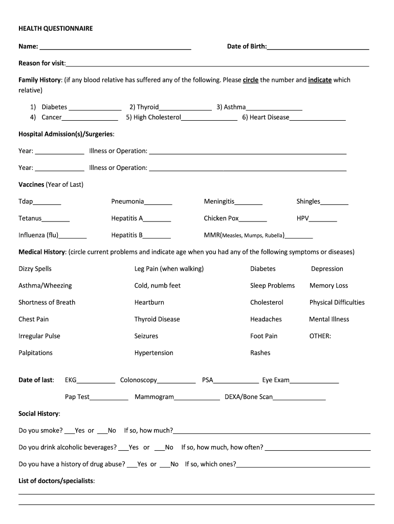 Fillable Online HEALTH QUESTIONNAIRE Reason for visit Fax Email Print ...