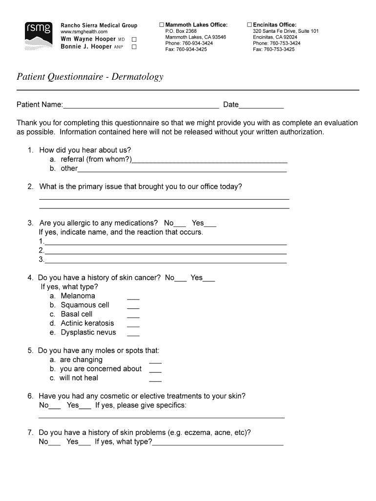 Fillable Online Patient Questionnaire - Dermatology Fax Email Print ...