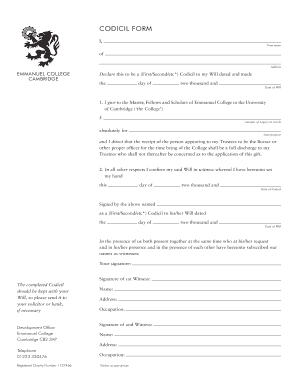 Fillable Online CodiCil Form - Emmanuel College Fax Email Print - pdfFiller