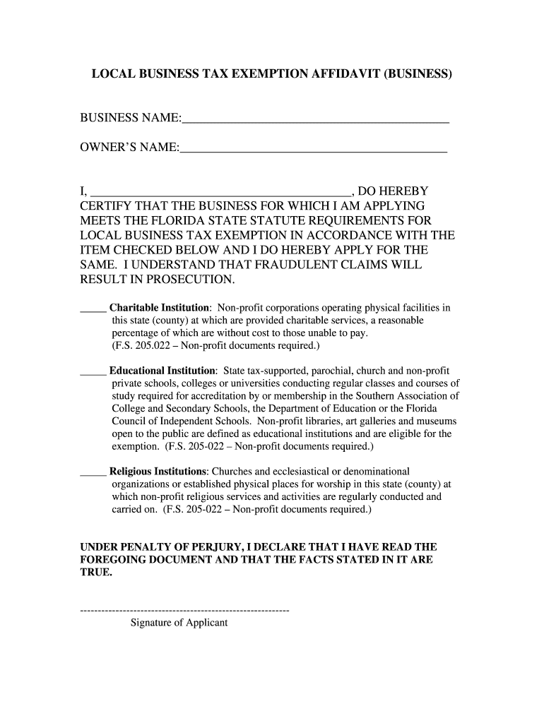 Fillable Online LOCAL BUSINESS TAX EXEMPTION AFFIDAVIT BUSINESS Fax ...