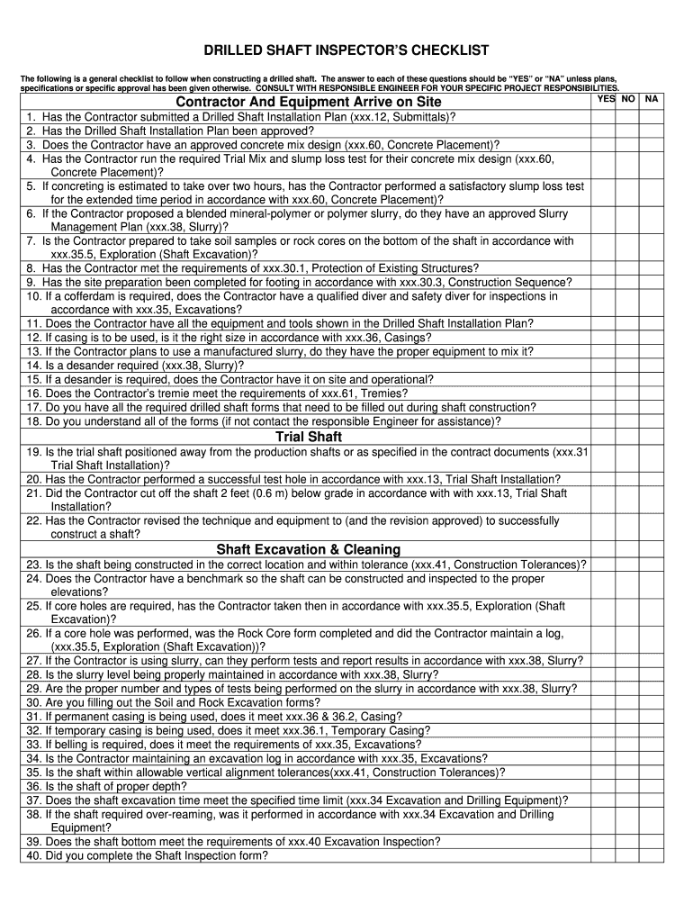 Fillable Online Drilled Shaft Inspectors Checklist Fax Email Print ...