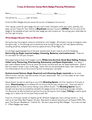 Fillable Online troop23 Troop 23 Summer Camp Merit Badge Planning ...