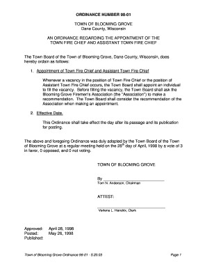 Fillable Online ORDINANCE NUMBER 9801 TOWN OF BLOOMING GROVE Dane ...