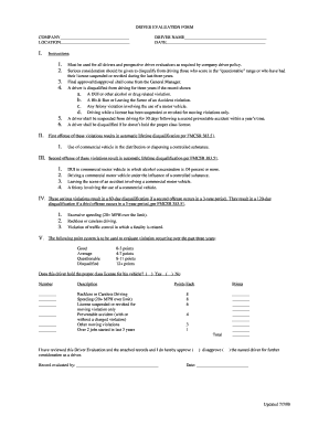 Fillable Online DRIVER EVALUATION FORM COMPANY DRIVER NAME LOCATION ...