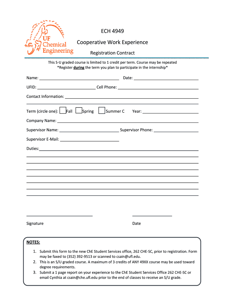 Fillable Online che ufl ECH 4949 Cooperative Work Experience ...