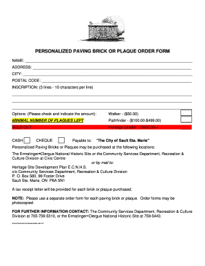 Fillable Online PERSONALIZED PAVING BRICK OR PLAQUE ORDER FORM Fax ...