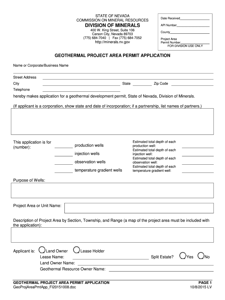 Fillable Online GEOTHERMAL PROJECT AREA PERMIT APPLICATION Fax Email ...