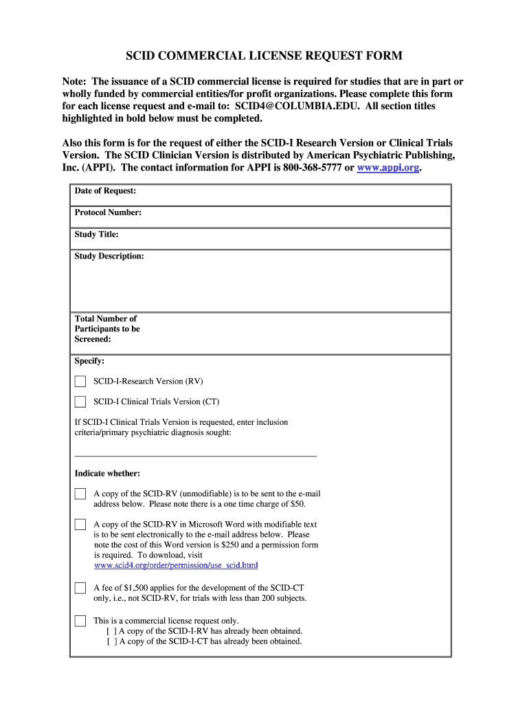 Fillable Online scid4 SCID COMMERCIAL LICENSE REQUEST FORM - scid4 Fax ...