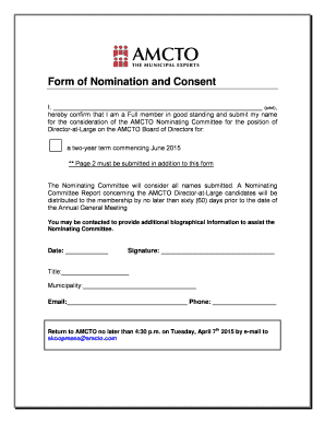 Fillable Online Form of Nomination and Consent I, (print), hereby ...