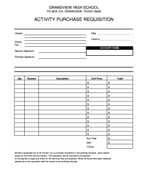 Fillable Online gvisd ACTIVITY PURCHASE REQUISITION - gvisdorg Fax Email Print - pdfFiller