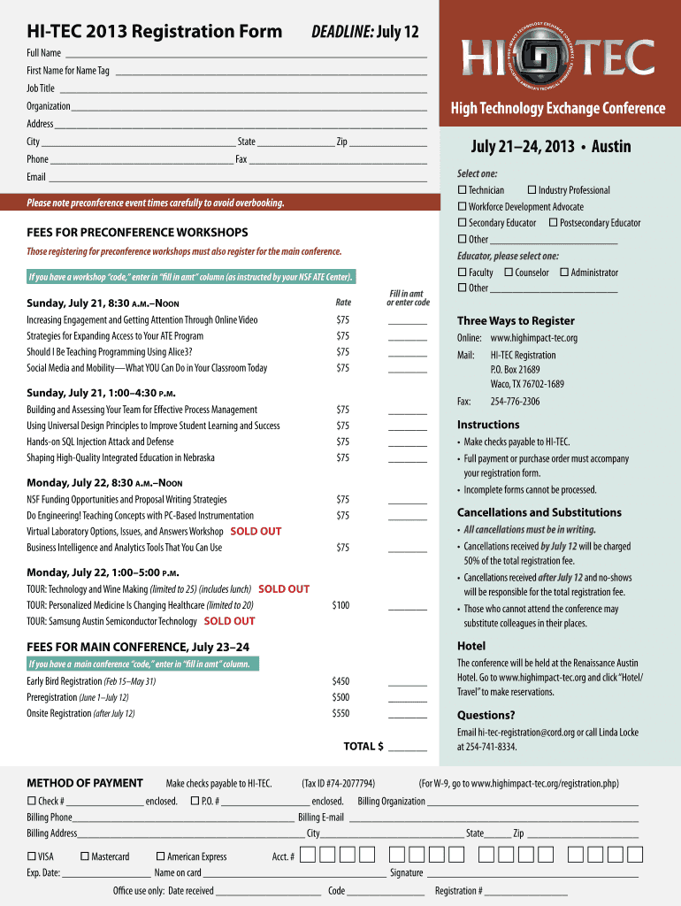 Fillable Online highimpact-tec HITEC 2013 Registration Form Fax Email ...