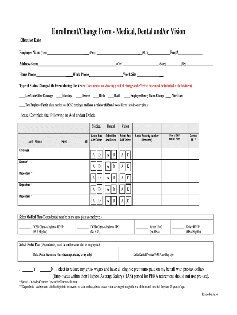 Fillable Online dcsdk12 EnrollmentChange Form - Medical Dental andor Vision Fax Email Print ...