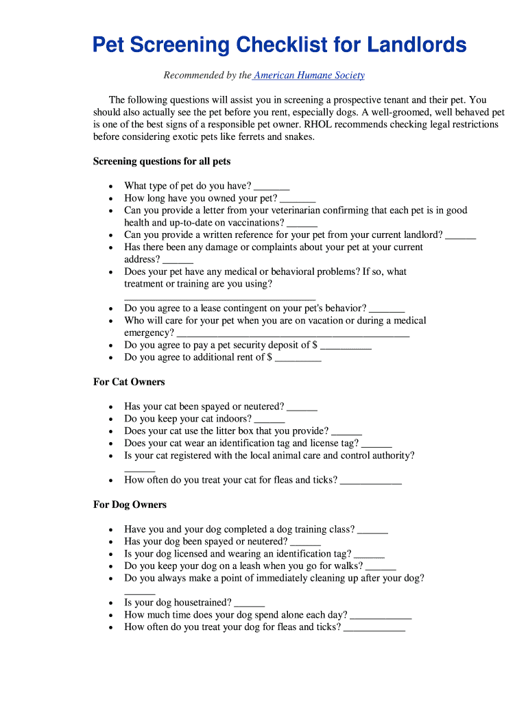 Fillable Online hssaz Pet Screening Checklist for Landlords - Humane ...