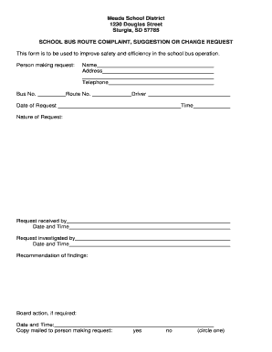 Fillable Online meade k12 sd SCHOOL BUS ROUTE COMPLAINT SUGGESTION OR ...