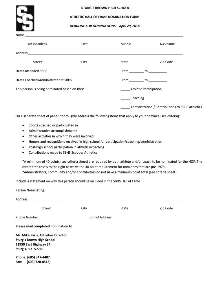 Fillable Online meade k12 sd STURGIS BROWN HIGH SCHOOL ATHLETIC HALL OF FAME NOMINATION Fax ...