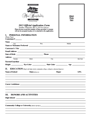 Fillable Online 2013 Official Application Form - misshospitalitycom Fax ...