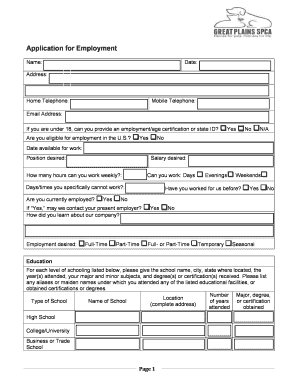 Fillable Online greatplainsspca Application for Employment - Great ...
