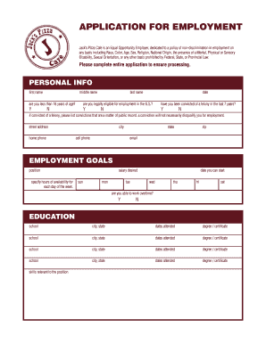 Fillable Online APPLICATION FOR EMPLOYMENT - Jacks Pizza Cafe Fax Email ...