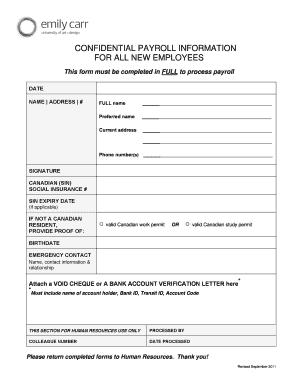 Fillable Online CONFIDENTIAL PAYROLL INFORMATION FOR ALL NEW EMPLOYEES ...