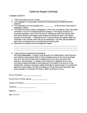 Fillable Online California Resale Certificate - PTB Sales Inc Fax Email ...