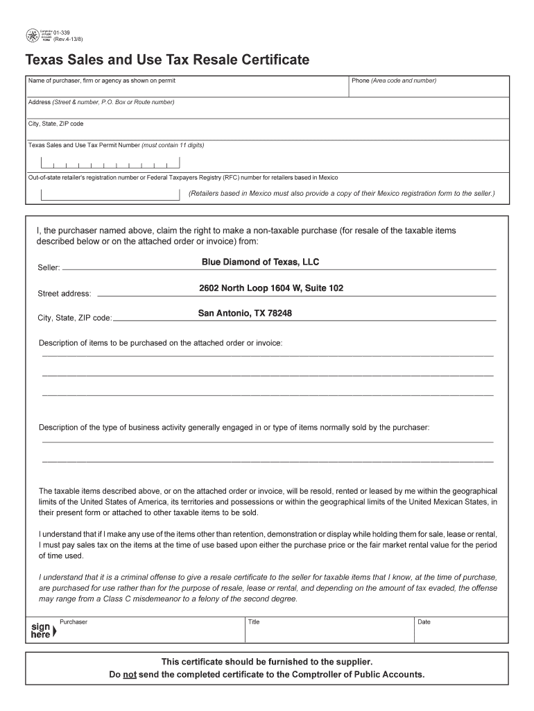 Fillable Online Texas Sales and Use Tax Resale Certificate - Blue ...