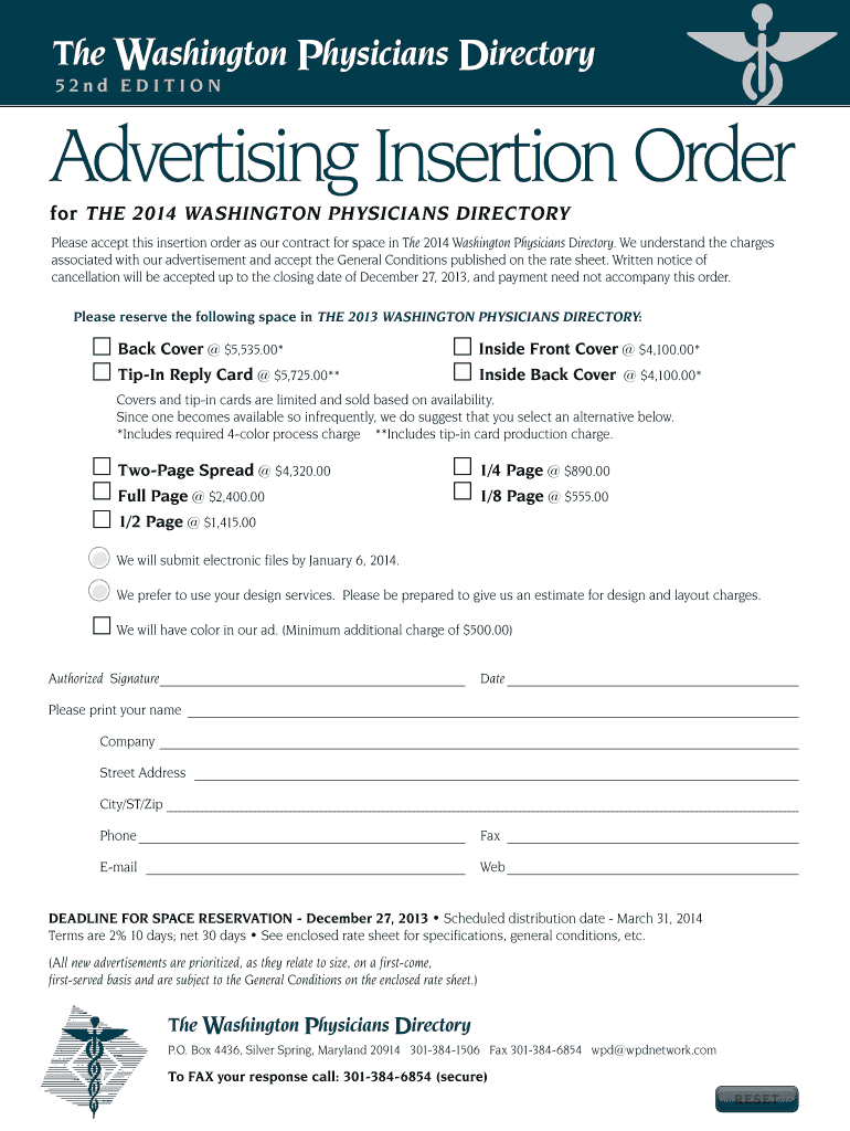 Fillable Online 52nd eDItION Advertising Insertion Order ...