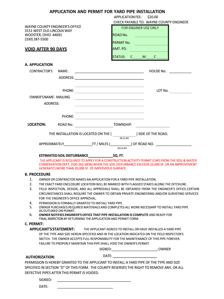 Fillable Online APPLICATION AND PERMIT FOR YARD PIPE INSTALLATION Fax ...