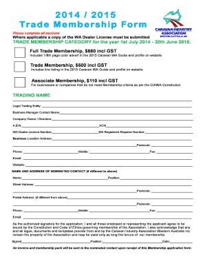 Fillable Online 2014 2015 Trade Membership Form Fax Email Print - pdfFiller
