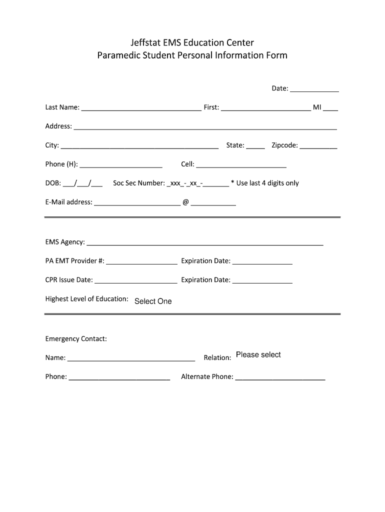 Fillable Online Jeffstat EMS Education Center Paramedic Student ...