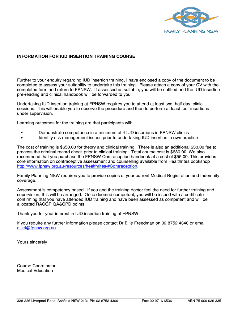 Fillable Online fpnsw org INFORMATION FOR IUD INSERTION TRAINING COURSE - fpnsw org Fax Email ...