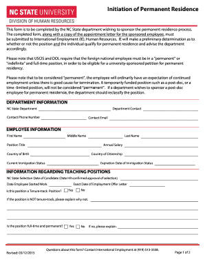 Fillable Online ncsu Initiation of Permanent Residence - NC State Fax ...