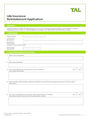 Fillable Online Life Insurance Reinstatement Application - quoticomau ...