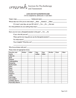 Fillable Online ADOLESCENT bQUESTIONNAIREb To be completed by ...