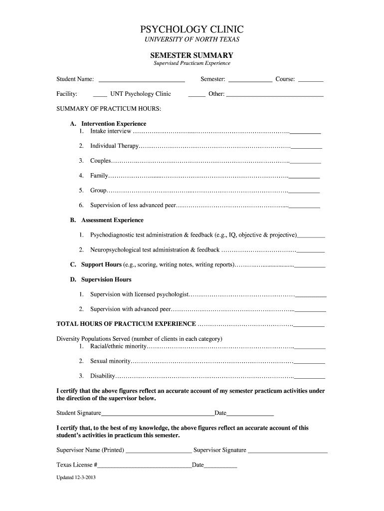 Fillable Online psychology unt SEMESTER SUMMARY Supervised Practicum Experience - psychology unt ...