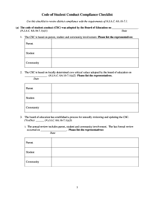 Fillable Online Code of Student Conduct Compliance Checklist - CSCDRU ...