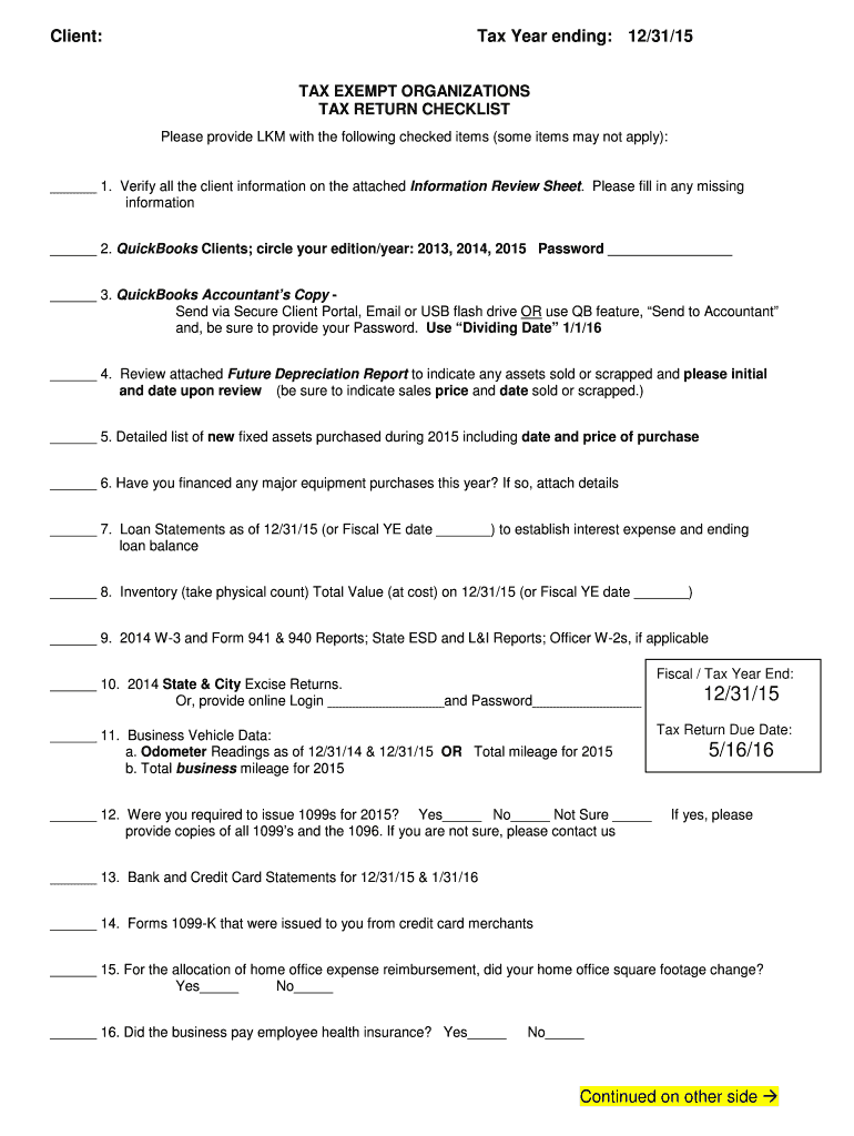 Fillable Online TAX EXEMPT ORGANIZATIONS TAX RETURN CHECKLIST Fax Email ...