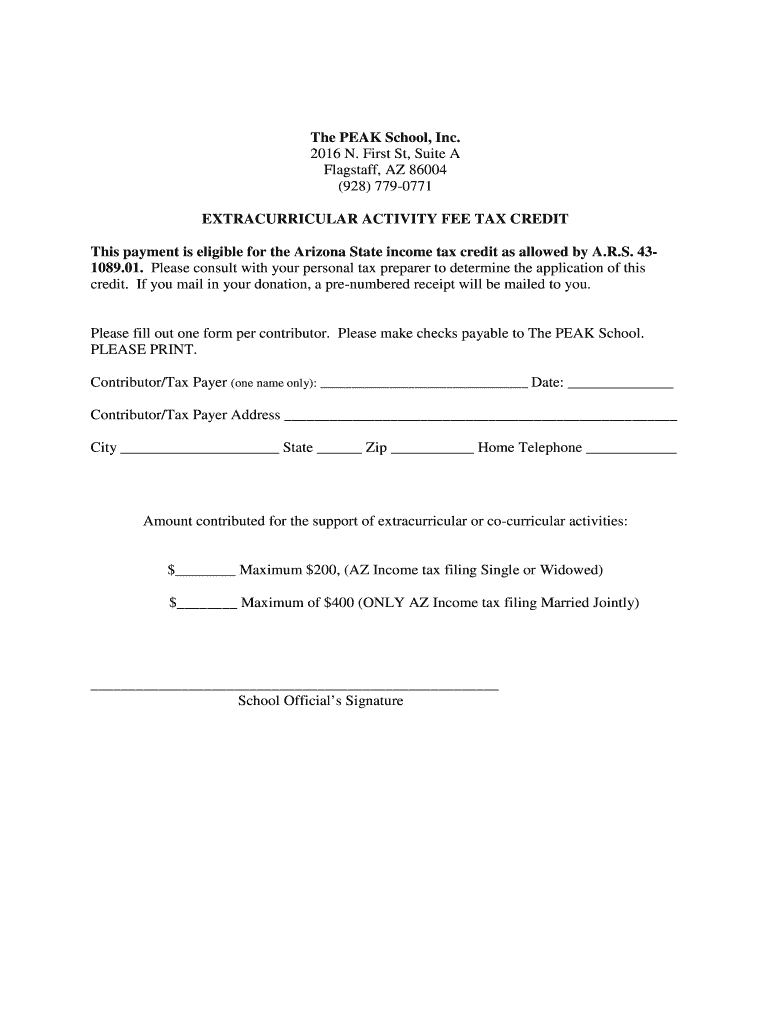 Fillable Online peakschool EXTRACURRICULAR ACTIVITY FEE TAX CREDIT ...